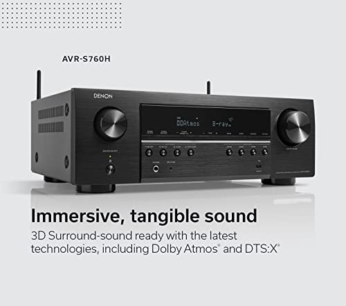 Denon AVR-S760H 7.2 Ch AVR - 75 W/Ch (2021 Model), Advanced 8K Upscaling, Dolby Atmos Height Virtualization, DTS Virtual:X & More, Wireless Streaming, Built-in HEOS, Amazon Alexa Voice Control