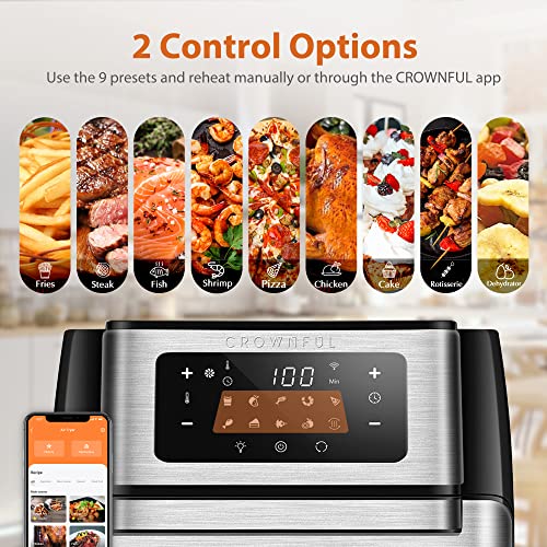 CROWNFUL Smart Air Fryer, 10.6 Quart Large WiFi Convection Toaster Oven Combo with Rotisserie & Dehydrator, Works with Alexa & Google Assistant, Accessories and Online Cookbook Included