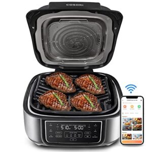 cosori indoor grill & smart xl air fryer combo aeroblaze, 8-in-1, 6qt, grill, broil, roast, bake, crisp, dehydrate, preheat & shake remind & keep warm, works with alexa & google assistant, black