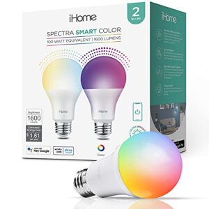 ihome spectra smart multicolor light bulb, a21 tunable dimmable ultra-bright color bulb, 1600 lumens, 15w, 100w equivalent, wifi smart bulb, compatible with alexa and google home, 2 pack