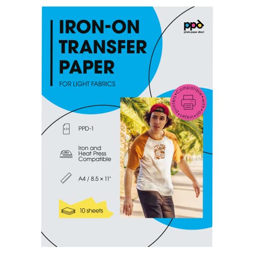 PPD Inkjet PREMIUM Iron-On White and Light Color T Shirt Transfers Paper LTR 8.5x11” Pack of 10 Sheets (PPD001-10)