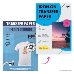 PPD Inkjet PREMIUM Iron-On White and Light Color T Shirt Transfers Paper LTR 8.5x11” Pack of 10 Sheets (PPD001-10)