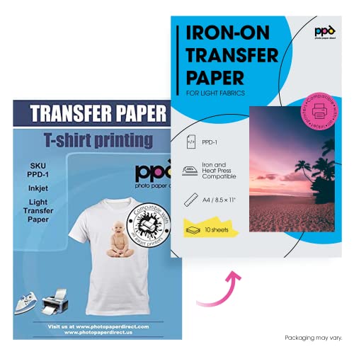 PPD Inkjet PREMIUM Iron-On White and Light Color T Shirt Transfers Paper LTR 8.5x11” Pack of 10 Sheets (PPD001-10)