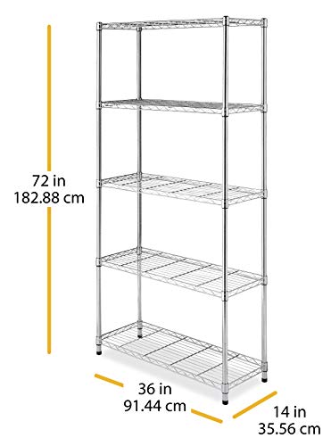 Whitmor Supreme 5 Tier Shelving with Adjustable Shelves and Leveling Feet - 350 lb. Capacity per Shelf - Chrome