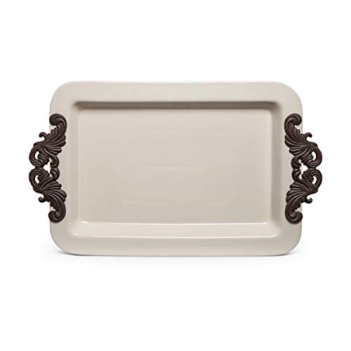 23.75-Inch Long Cream Ceramic Tray with Acanthus Leaf Styled Metal Handles