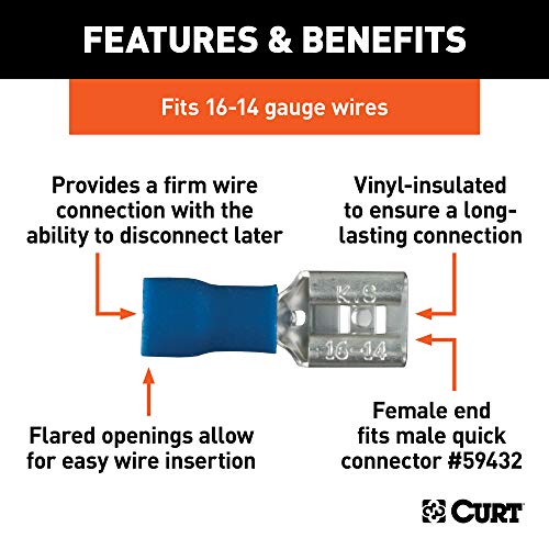 CURT 59592 16-14 Gauge Blue Vinyl-Insulated Female Wire Quick Connectors, 100-Pack