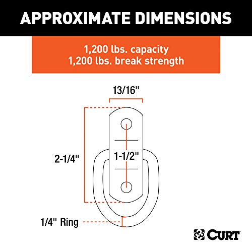 CURT 83731 1 x 1-1/4-Inch Surface-Mounted Trailer D-Ring Tie Down Anchors, 1,200 lbs Capacity, 2-Pack