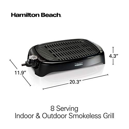 Hamilton Beach Electric Indoor, 100 sq. in. Surface Serves 8, Virtually Smokeless Grilling, Adjustable Temperature Control to 450F, Dishwasher Safe Removable Nonstick Plates, Black (31605N)