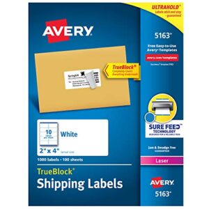 avery shipping address labels, laser printers, 1,000 labels, 2×4 labels, permanent adhesive, trueblock (5163)