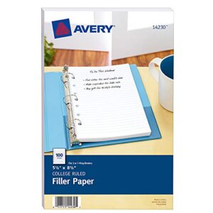 avery mini binder filler paper for 3 ring binders or 7 ring binders, college ruled, 5.5″ x 8.5″, 100 sheets (14230)