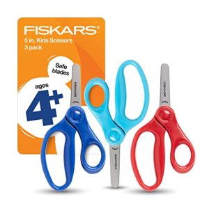 fiskars kids scissors, scissors for school, safety scissors, blunt tip scissors, 5 inch, 3 pack, red, blue, turquoise