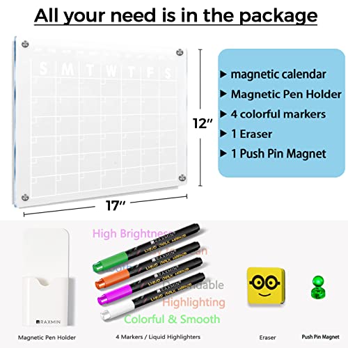 Magnetic Acrylic Calendar for Fridge 17"x12" Clear Dry Erase Calendar Board for Refrigerator Includes 4 Dry Erase Markers and Eraser