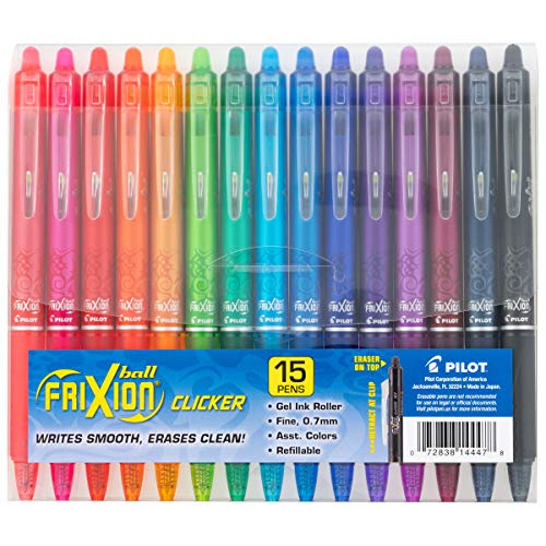 PILOT Pen 14447 FriXion Clicker Erasable, Refillable & Retractable Gel Ink Pens, Fine Point, Assorted Color Inks, 15-Pack Pouch