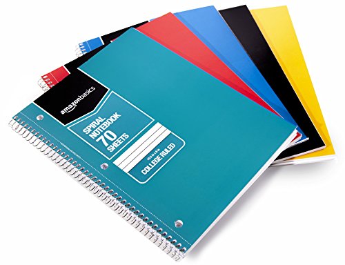 Amazon Basics College Ruled Wirebound Spiral Notebook, 70-Sheet - 5-Pack, Assorted Solid Colors