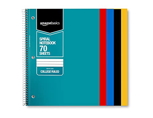 Amazon Basics College Ruled Wirebound Spiral Notebook, 70-Sheet - 5-Pack, Assorted Solid Colors