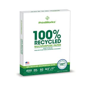 printworks 100 percent recycled multipurpose paper, 20 pound, 92 bright, 8.5 x 11 inches, 400 sheets (00018), white