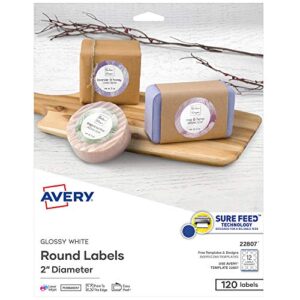 avery 2″ glossy white round labels, sure feed, full bleed –print to the edge, 120 thank you labels (22807)