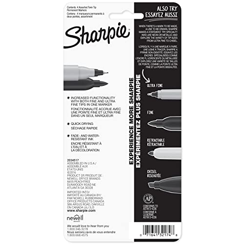 SHARPIE Twin Tip Permanent Markers, Fine and Ultra Fine, Black, 4 Count