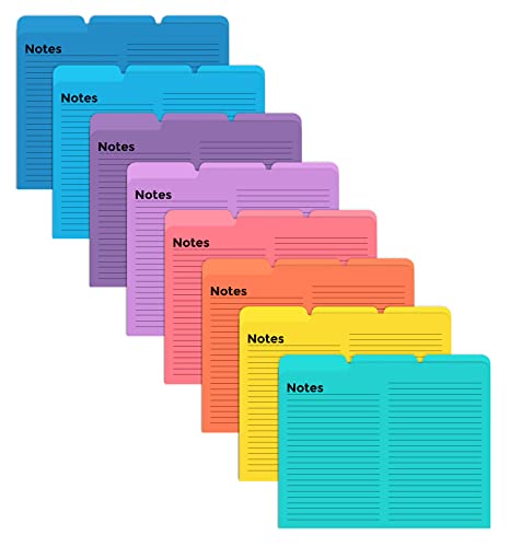 Lined File Folders, 24 Pack, Notes Tabbed File Folders, 1/3 Cut Tabs, 8 Vibrant Colors, Heavyweight, Letter Size Folders, 9.5" x 11.5", Left/Center/Right Set Per Color, by Better Office Products