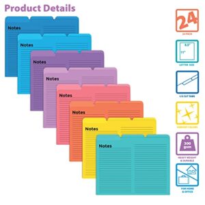 Lined File Folders, 24 Pack, Notes Tabbed File Folders, 1/3 Cut Tabs, 8 Vibrant Colors, Heavyweight, Letter Size Folders, 9.5" x 11.5", Left/Center/Right Set Per Color, by Better Office Products