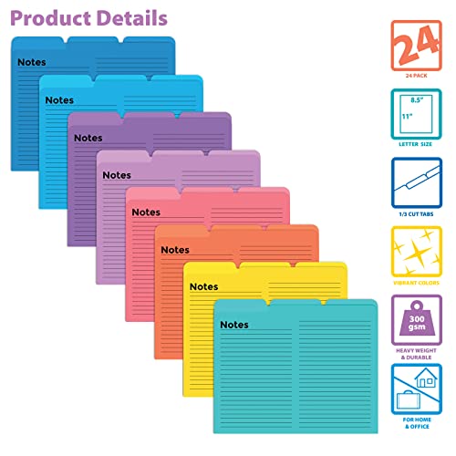 Lined File Folders, 24 Pack, Notes Tabbed File Folders, 1/3 Cut Tabs, 8 Vibrant Colors, Heavyweight, Letter Size Folders, 9.5" x 11.5", Left/Center/Right Set Per Color, by Better Office Products