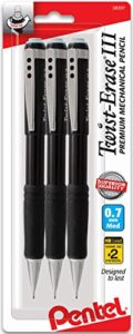 mechanical pencil, pentel twist erase .7 mm, twist-erase iii automatic, 3 pack, black barrels, best professional pencils for school, office & home for women & men (qe517bp3)