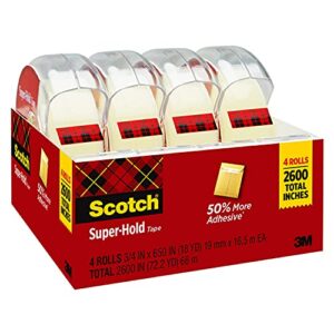 Scotch Super-Hold Tape, 4 Rolls, Transparent Finish, 50% More Adhesive, Trusted Favorite, 3/4 x 650 Inches, Dispensered (4198)