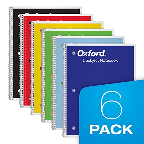 Oxford Spiral Notebook 6 Pack, 1 Subject, Wide Ruled Paper, 8 x 10-1/2 Inch, Blue, Yellow, Red, Light Blue, Green and Black, 70 Sheets (65010)