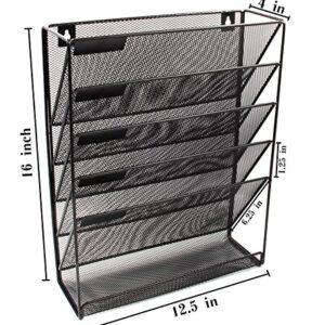 EasyPAG File Organizer Mesh 5 Tier Vertical Hanging Wall File Holder with Bottom Flat Tray ,Black