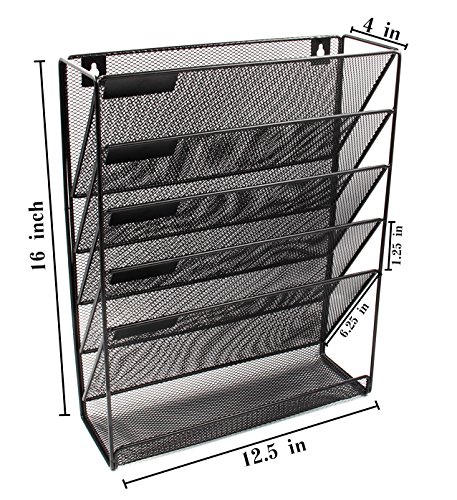 EasyPAG File Organizer Mesh 5 Tier Vertical Hanging Wall File Holder with Bottom Flat Tray ,Black