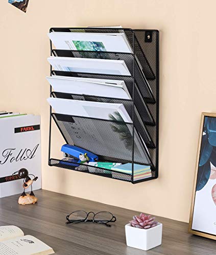 EasyPAG File Organizer Mesh 5 Tier Vertical Hanging Wall File Holder with Bottom Flat Tray ,Black