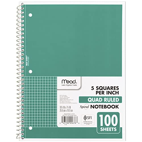 Mead Spiral Notebook, 1-Subject, Graph Ruled Paper, 10-1/2" x 8", 100 Sheets, Green (05676AC5)