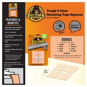 Gorilla Tough & Clear Double Sided Tape Squares, 24 1" Pre-Cut Mounting Squares, Clear, (Pack of 1)