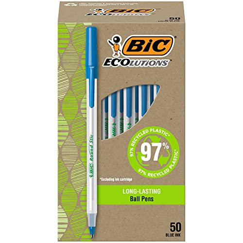 BIC Ecolutions Round Stic Ballpoint Pens, Medium Point (1.0mm), 50-Count Pack, Blue Ink Pens Made from 97% Recycled Plastic