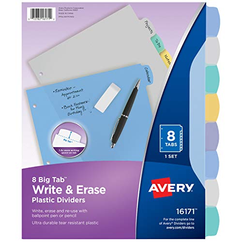 Avery 8-Tab Plastic Binder Dividers, Write & Erase Multicolor Big Tabs, 1 Set (16171),Translucent Multicolor