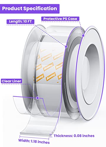 IKeelsy Double Sided Tape Removable 1.18" x 120”, Clear & Tough Nano Double Sided Tape Heavy Duty, Multipurpose Tape Picture Hanging Strip Adhesive Poster Carpet Tape