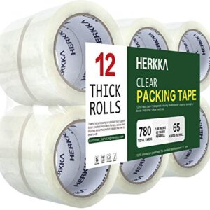 Clear Packing Tape, HERKKA 12 Rolls Heavy Duty Packaging Tape for Shipping Packaging Moving Sealing, Thicker Clear Packing Tape, 1.88 inches Wide, 65 Yards Per Roll, 780 Total Yards