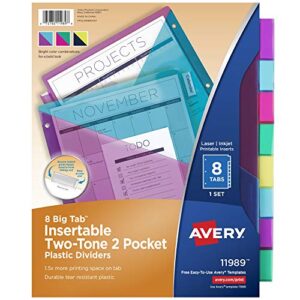 avery plastic 8-tab two-tone binder dividers with two pockets, insertable bright color big tabs, 1 set (11989)