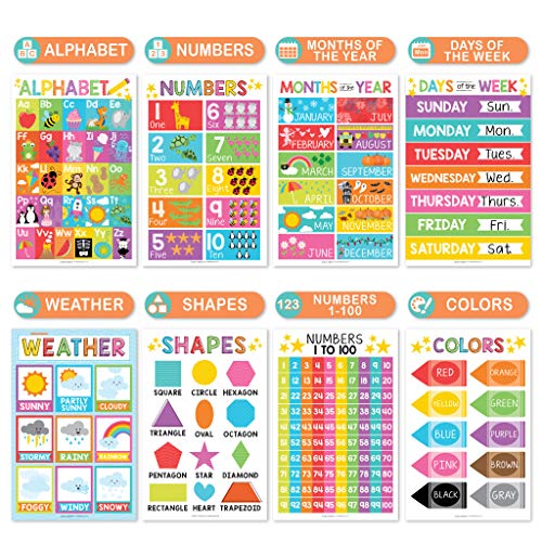 16 Educational Posters for Classroom Decor & Kindergarten Homeschool Supplies Baby to 3rd Grade Kids, Laminated PreK Learning Chart Materials – US & World Map, ABC Alphabet, Shapes, Days of the Week