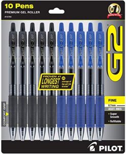 pilot g2 premium gel pens, fine point gel ink pen, 0.7 mm, refillable & retractable rolling ball, 5 black and 5 blue pens (bulk pack of 10 pens) (14784)