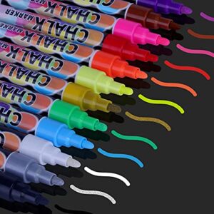 liquid chalk markers pens – 12 colors washable & wet erase neon chalk makers for blackboard, chalkboard signs, glass window, graduation celebration school kids art – erasable window markers for cars