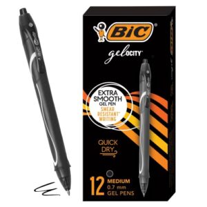 bic gel-ocity quick dry black gel pens, medium point (0.7mm), 12-count pack, retractable gel pens with comfortable full grip