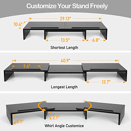 AMERIERGO Dual Monitor Stand -Adjustable Length and Angle, Dual Monitor Riser, Computer Monitor Stand w/2 Slot, Desktop Organizer, Monitor Stand Riser for PC, Computer, Laptop (Black)