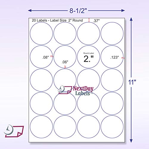 Laser / Ink Jet White Labels (2" Round for Printing with NO BLEED - 20 Per Page | 500 Labels)