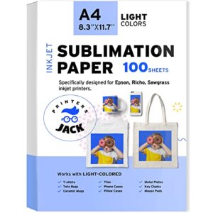 printers jack sublimation paper – heat transfer paper 100 sheets 8.3″ x 11.7″ for any epson hp canon sawgrass inkjet printer with sublimation ink for t shirt mugs diy