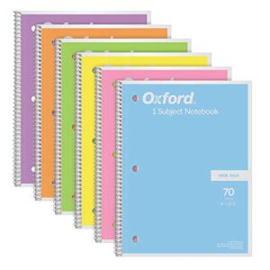 oxford spiral notebook 6 pack, 1 subject, wide ruled paper, 8 x 10-1/2 inch, pastel pink, orange, yellow, green, blue and purple, 70 sheets (63757)