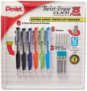 pentel twist-erase click mechanical pencil set – 6 mechanical pencils, 6 extra erasers, 3 tubes of lead refills