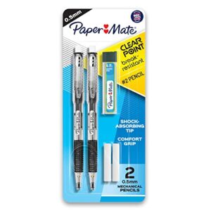 paper mate clearpoint break-resistant mechanical pencils, hb #2 lead (0.5mm), 2 pencils (black), 1 lead refill set, 2 erasers