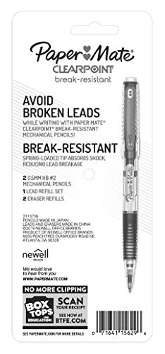 Paper Mate Clearpoint Break-Resistant Mechanical Pencils, HB #2 Lead (0.5mm), 2 Pencils (Black), 1 Lead Refill Set, 2 Erasers