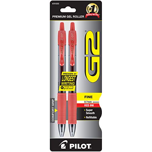 PILOT G2 Premium Refillable & Retractable Rolling Ball Gel Pens, Fine Point, Red Ink, 2 Count (Pack of 1)